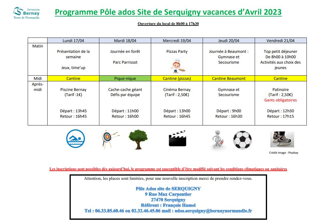 Programme du Pôle Ados de Serquigny vacances d'avril - Serquigny - Site ...