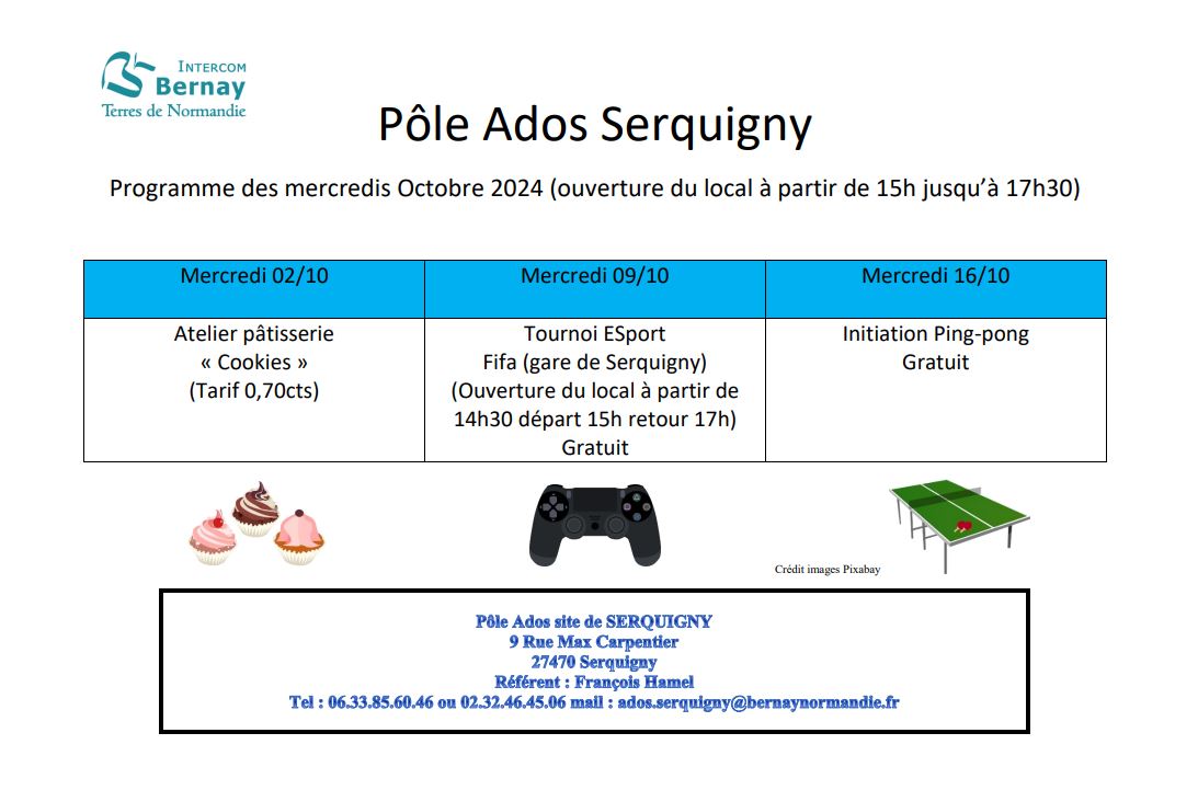 Planning du Pôle Ados pour les mercredis d’Octobre 2024, - Serquigny ...